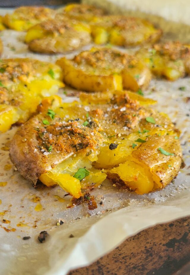 Oven Smashed Potatoes with Garlic Butter - Hip Hip Gourmet