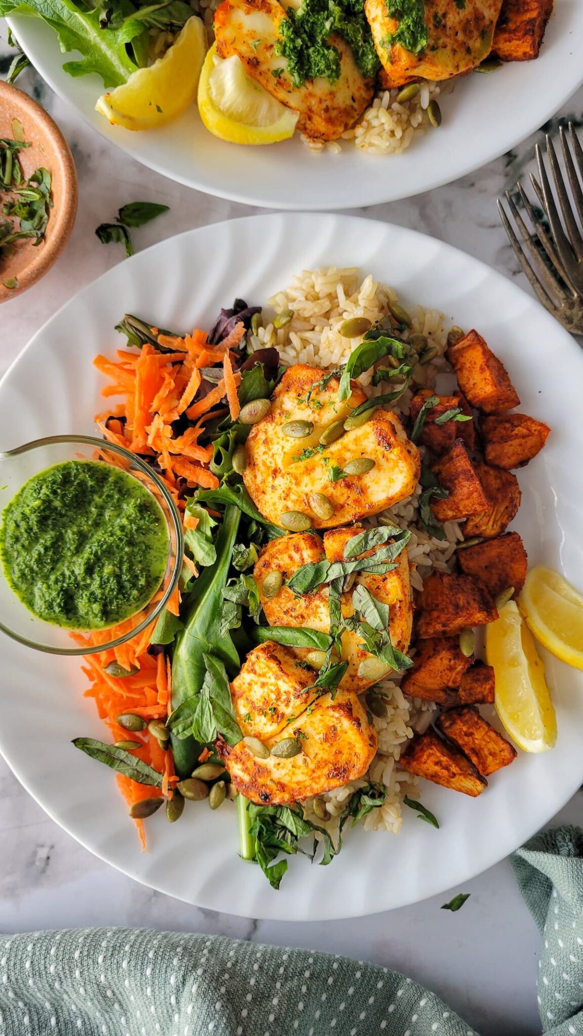Halloumi Bowls with Sweet Potato & Zesty Parsley Sauce - Hip Hip Gourmet